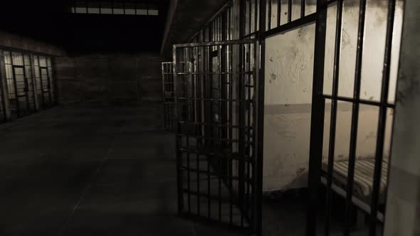 Jail hallway. Prisoner enters into the old awful prison cell and it ...