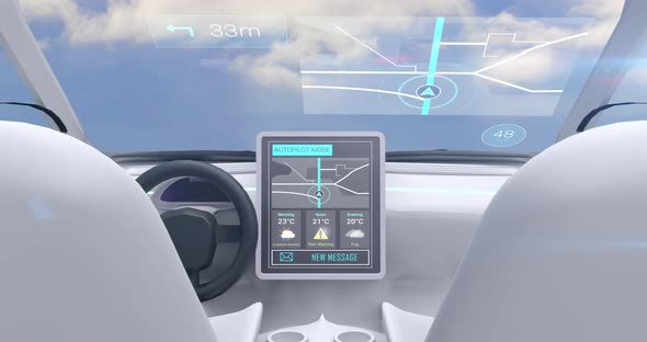 Video game simulation screen showing car cockpit driving in the sky ...