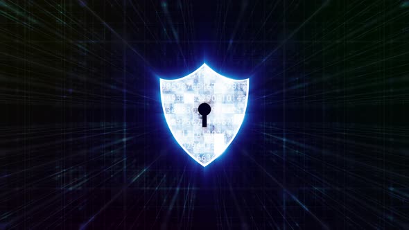 A blue security shield and firewall on dot connection background ...