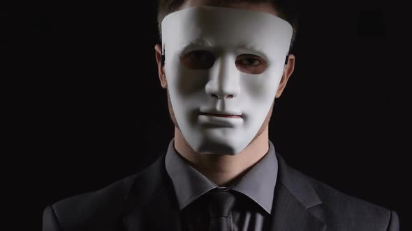 Anonymous Suit Man in Mask Folding Hands on Black Background, Illegal ...