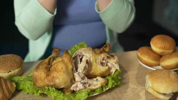 Hungry Lady Eating Fatty Roast Chicken Unhealthy Junk Food, Stock Footage