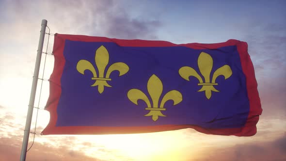 Anjou flag, France, waving in the wind, sky and sun background, Motion ...
