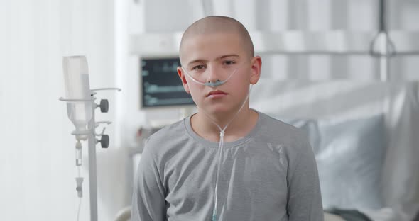 Portrait of Sad Suffering Teen Boy Fighting with Cancer, Stock Footage