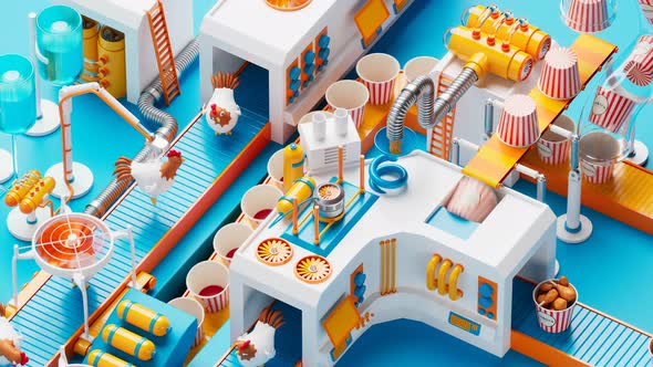 Colourful animation of preparation fried chicken. Fast-food production ...