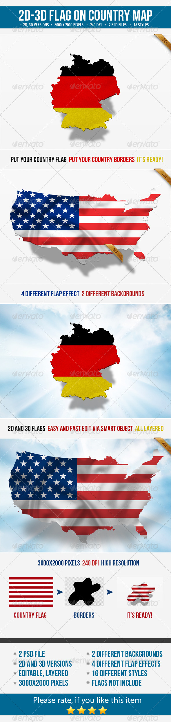 2D & 3D Flag on Country Map by Mejora | GraphicRiver