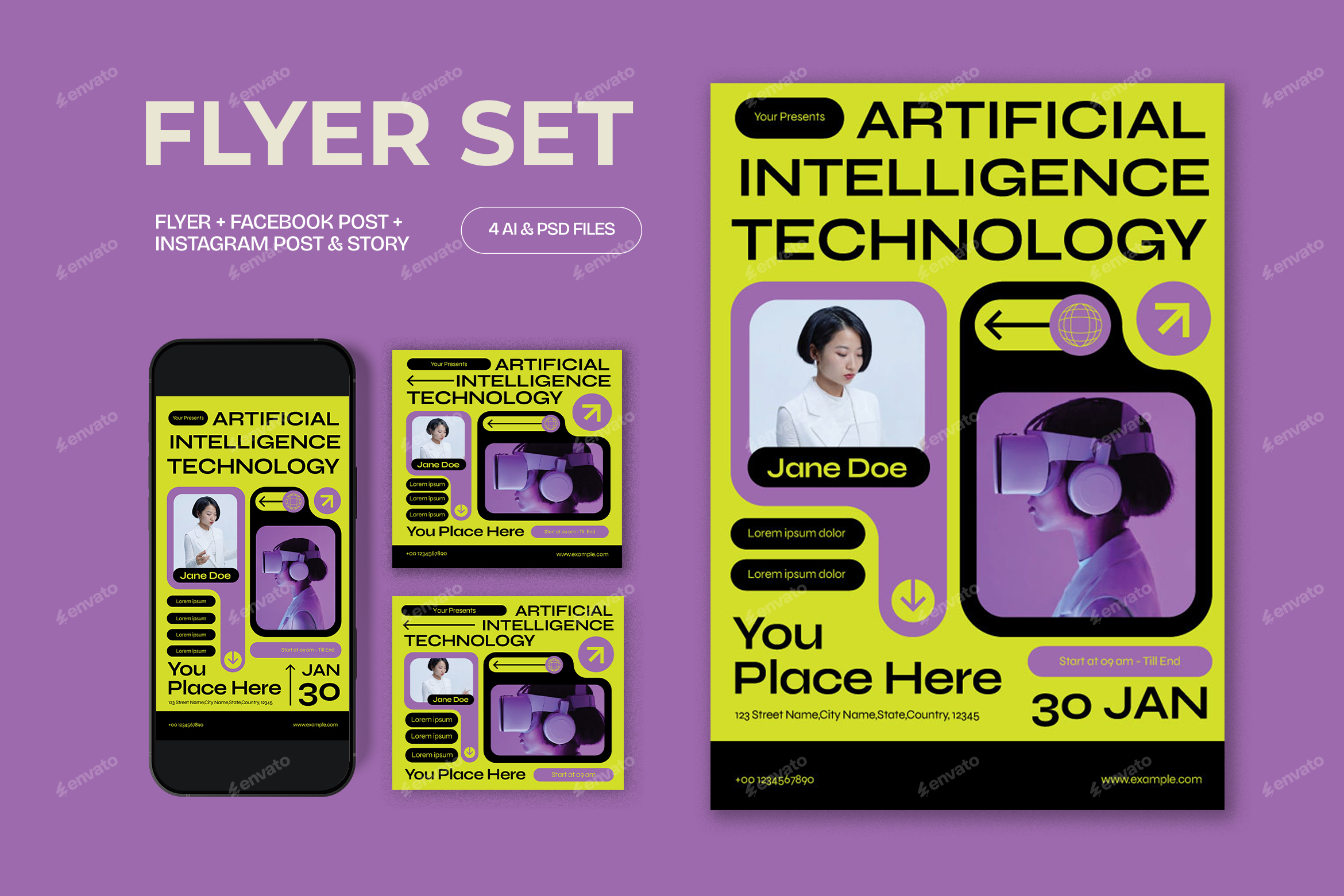 Green Artificial Intelligence Technology Flyer Set, Print Templates