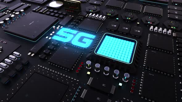 5g header. next generation chip and processor animation. big power technological breakthrough ...
