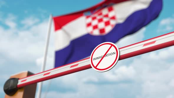Opening Barrier with Stop Immigration Sign at Croatian Flag, Motion ...