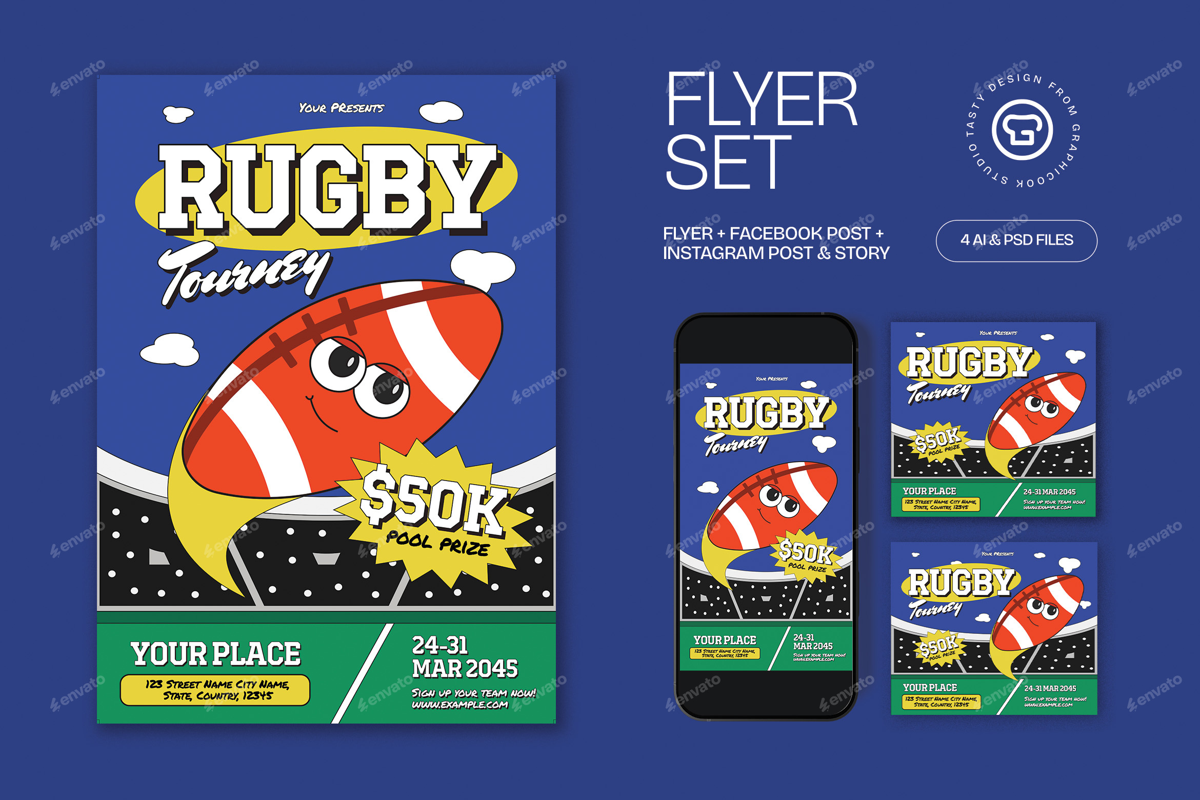 Blue Quirky Rugby Tournament Flyer Set, Print Templates | GraphicRiver