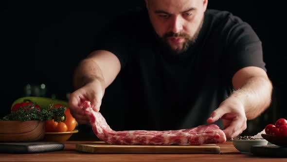 Man Chef Cooking Ribs Closeup, Stock Footage | VideoHive