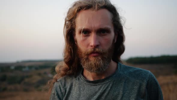 Close Up, Portrait of a Handsome Caucasian Bearded Young Man with Long ...