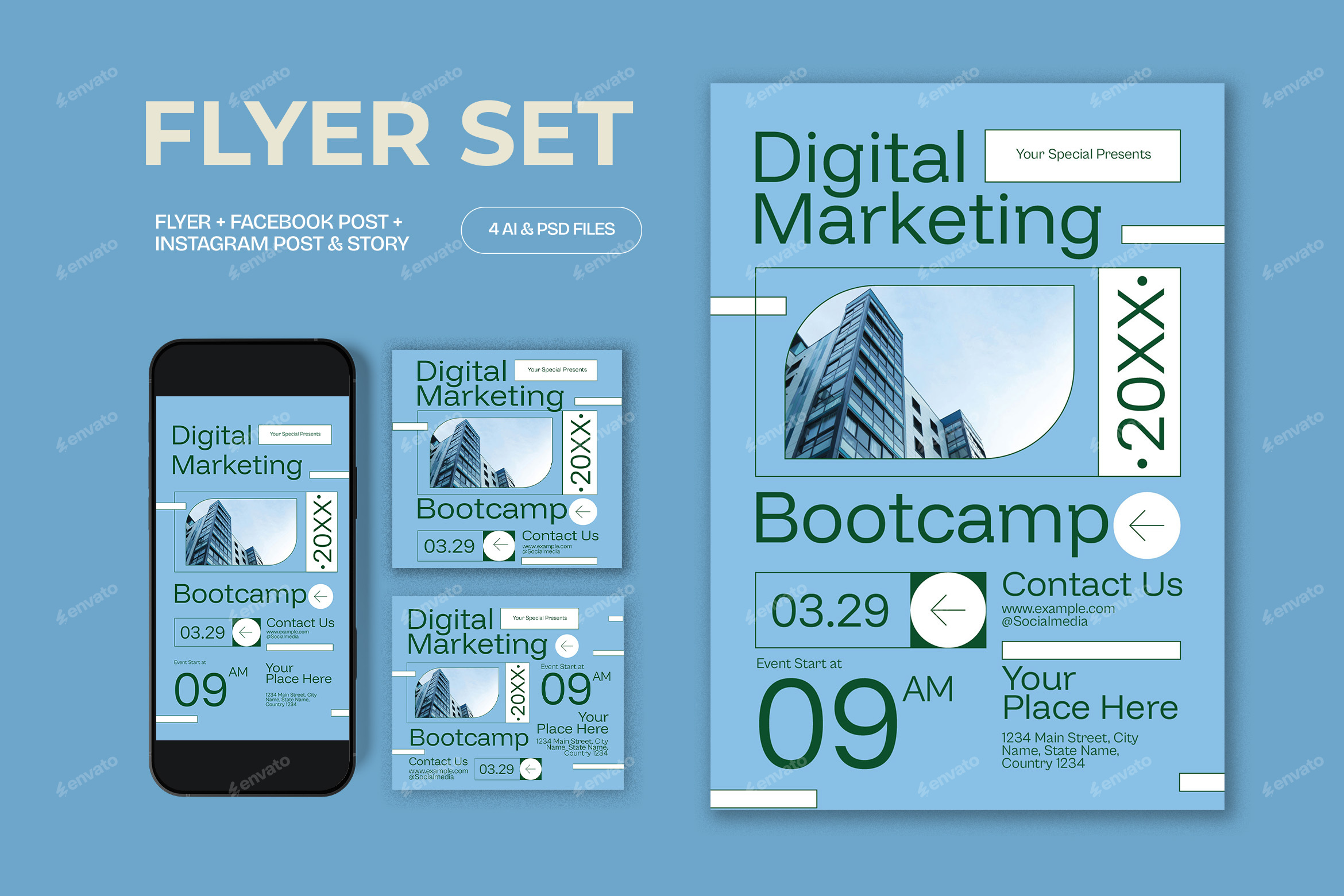 Blue Digital Marketing Bootcamp Flyer Set, Print Templates | GraphicRiver