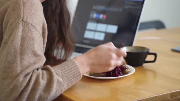 Close Up of Woman or Girl Eating and Working at the Same Time, Stock ...