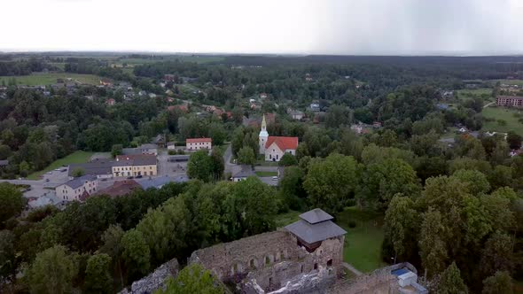 Medieval Castle Ruins in Latvia Rauna. Aerial View Over Old Stoune ...