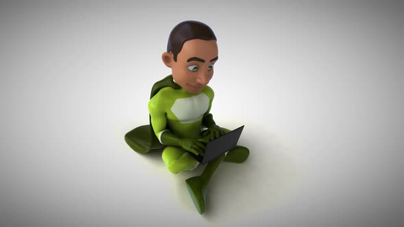 Fun 3D cartoon superhero typing on a laptop, Motion Graphics | VideoHive
