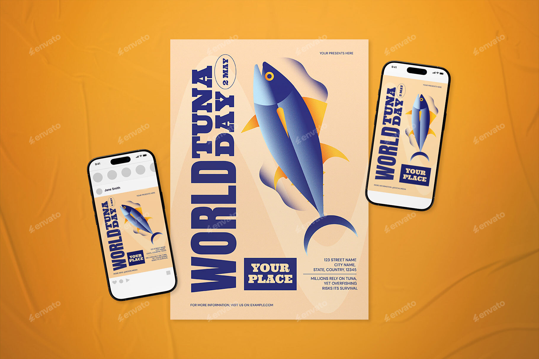 Blue Vintage Minimalist World Tuna Day Flyer Set, Print Templates ...