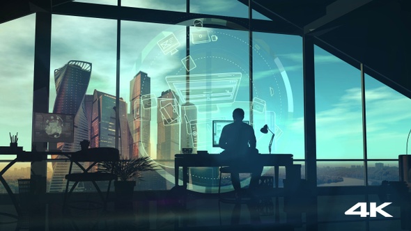 Web designer in his office on infographic background 4K, Motion Graphics