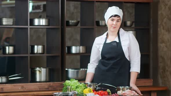 Smiling Female Cook Worker in Apron Posing at Restaurant Kitchen ...