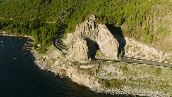 Aerial Cave Rock tunnel along the eastern shore of Lake Tahoe, Nevada ...