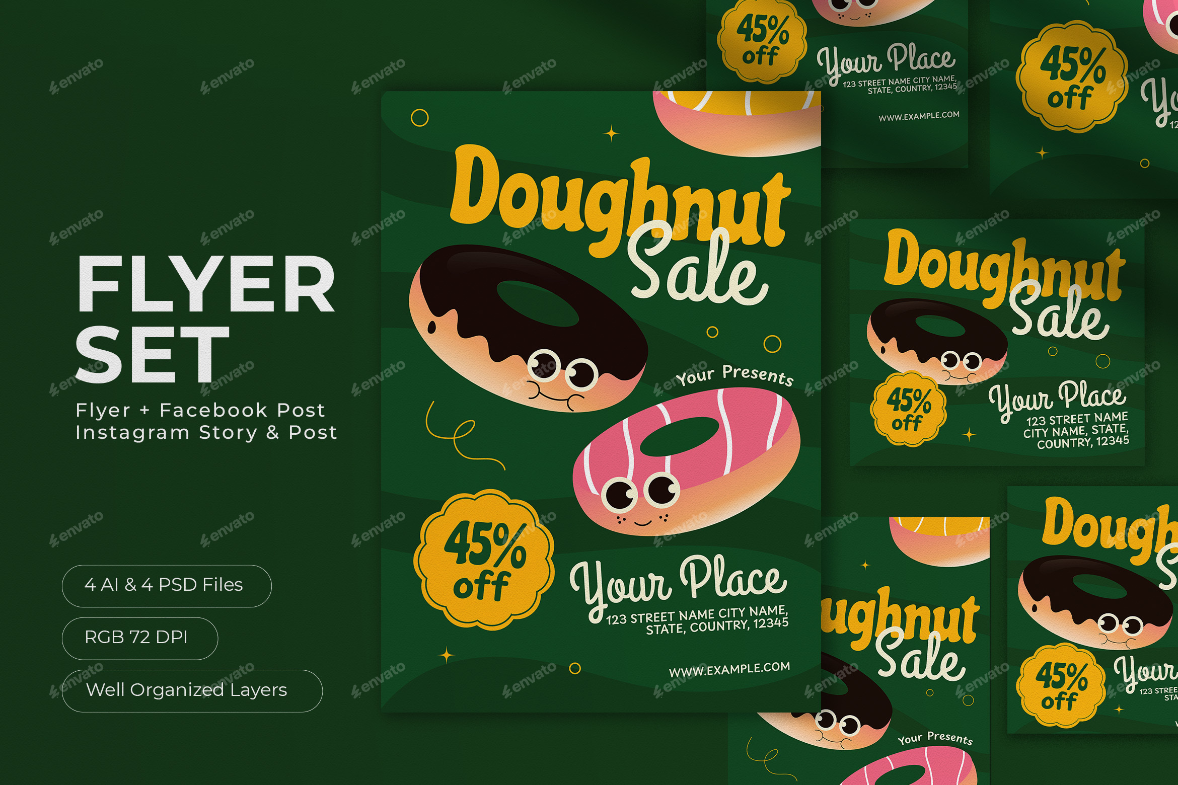 Green Yellow Quirky Doughnut Promo Flyer Set, Print Templates ...
