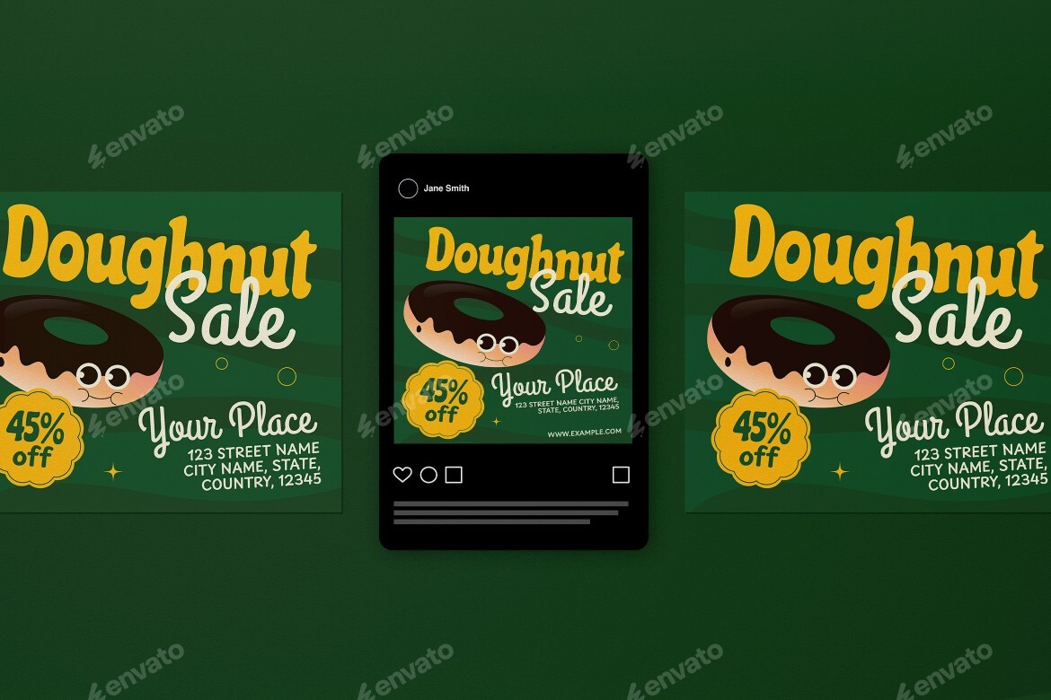 Green Yellow Quirky Doughnut Promo Flyer Set, Print Templates ...