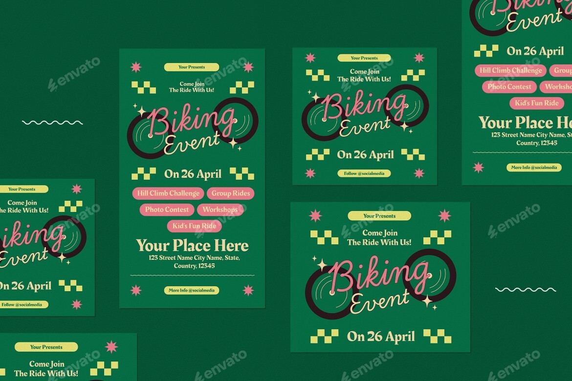 Green Quirky Illustration Biking Event Flyer Set, Print Templates ...