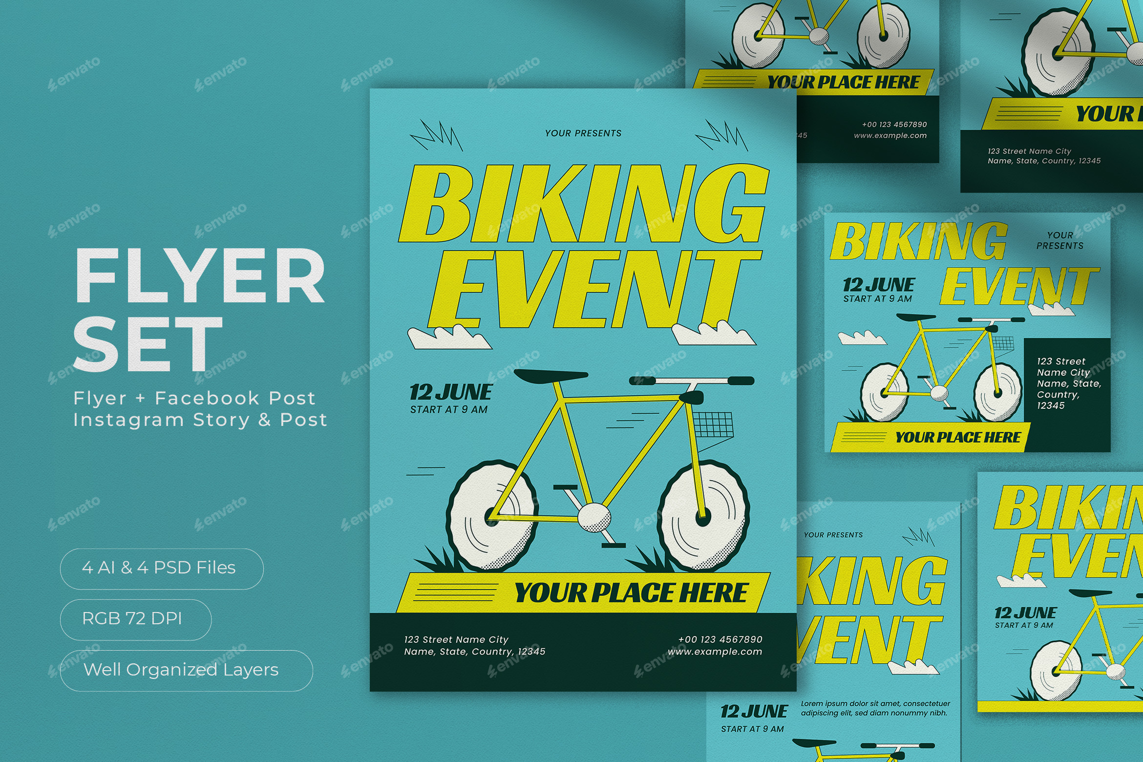 Blue Quirky Illustration Biking Event Flyer Set, Print Templates ...