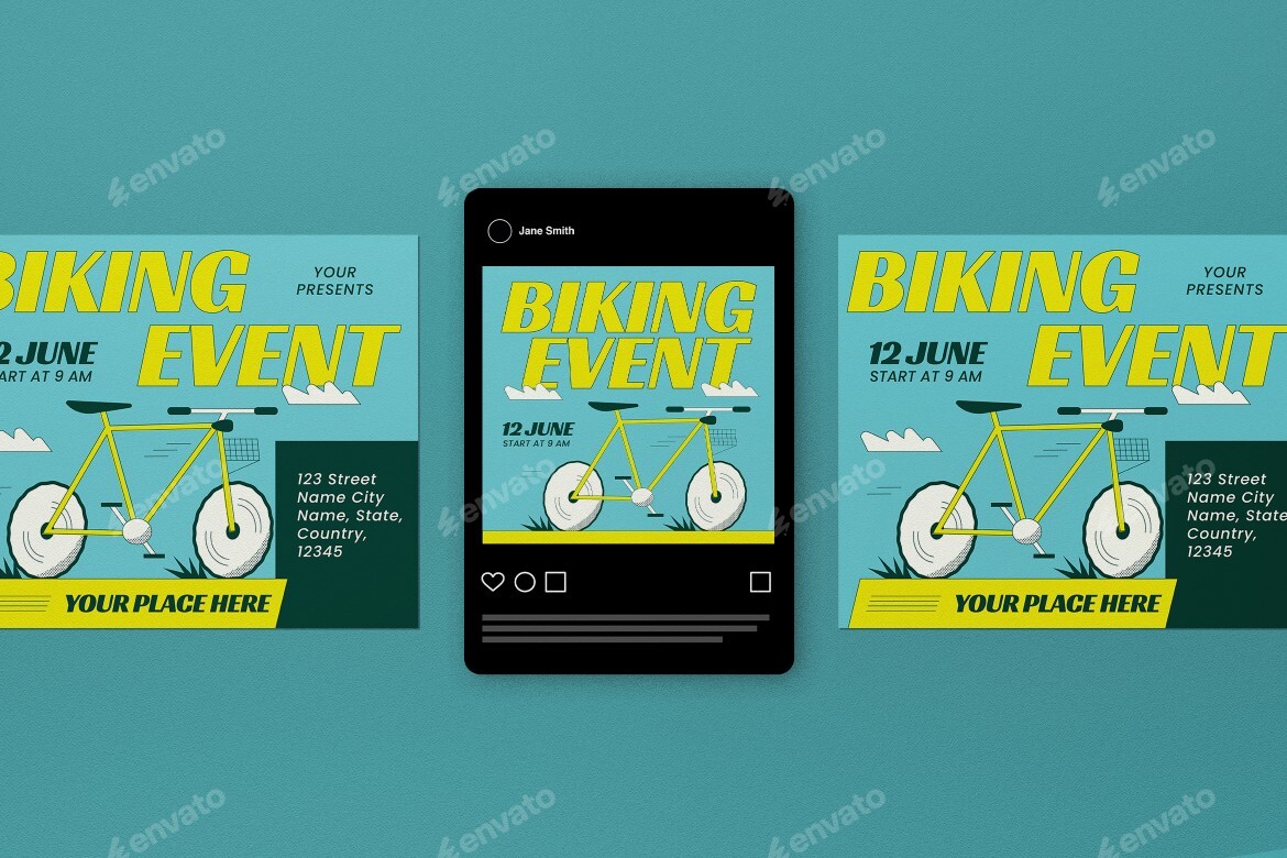 Blue Quirky Illustration Biking Event Flyer Set, Print Templates ...