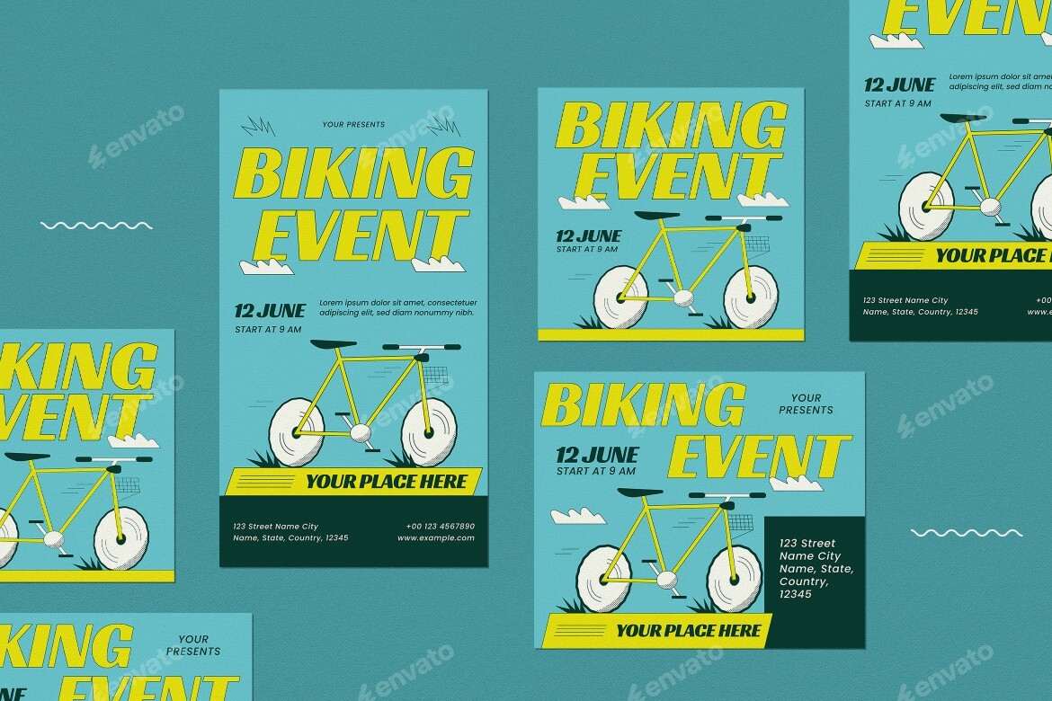 Blue Quirky Illustration Biking Event Flyer Set, Print Templates ...