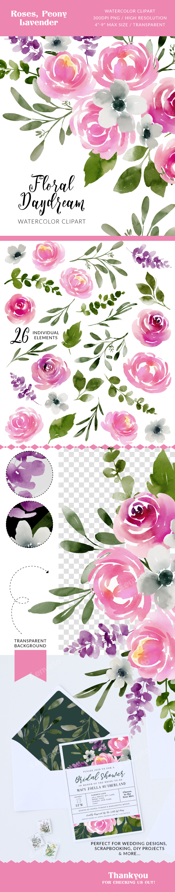 Watercolor Flower Clipart Floral Daydream, Graphics | GraphicRiver