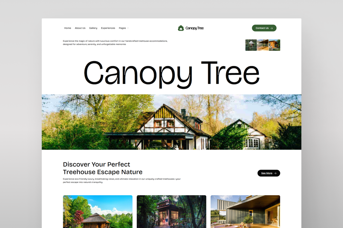 CanopyTree - Treehouse Accommodations Elementor Template Kit for Nature Retreats and Eco Stays ...