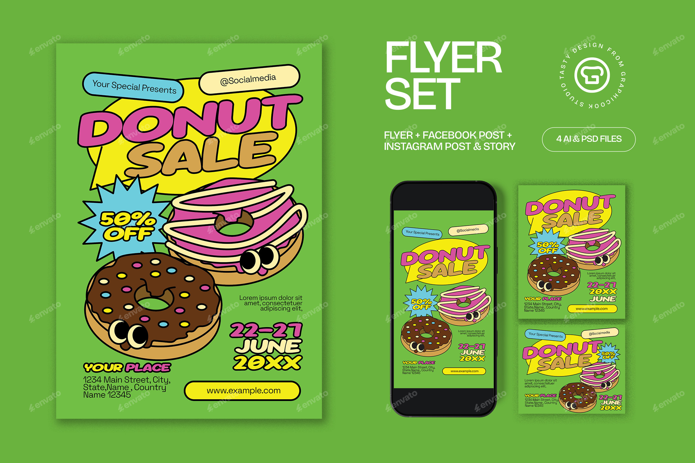 Green Yellow Quirky Doughnut Sale Flyer Set, Print Templates | GraphicRiver