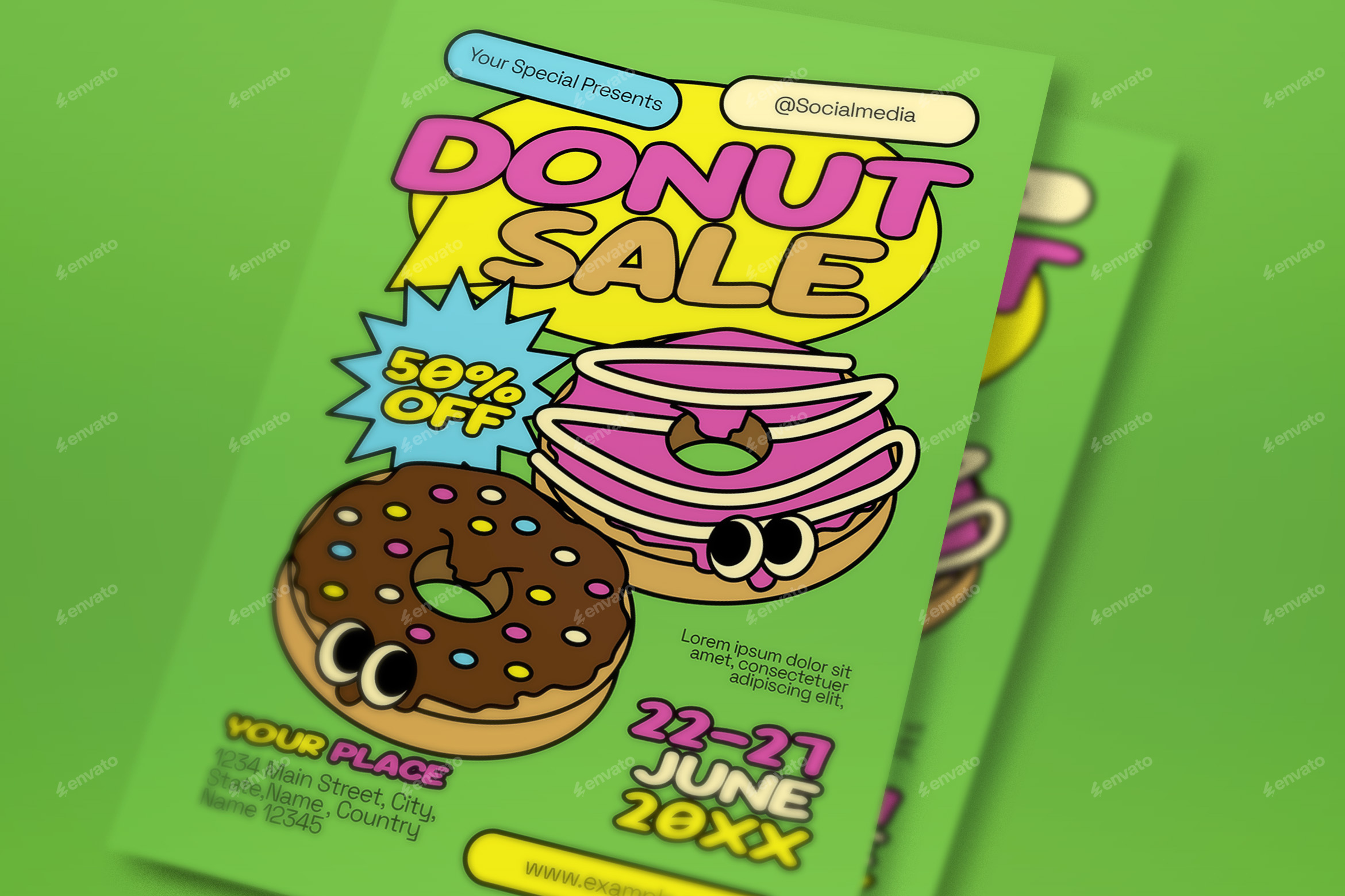 Green Yellow Quirky Doughnut Sale Flyer Set, Print Templates | GraphicRiver