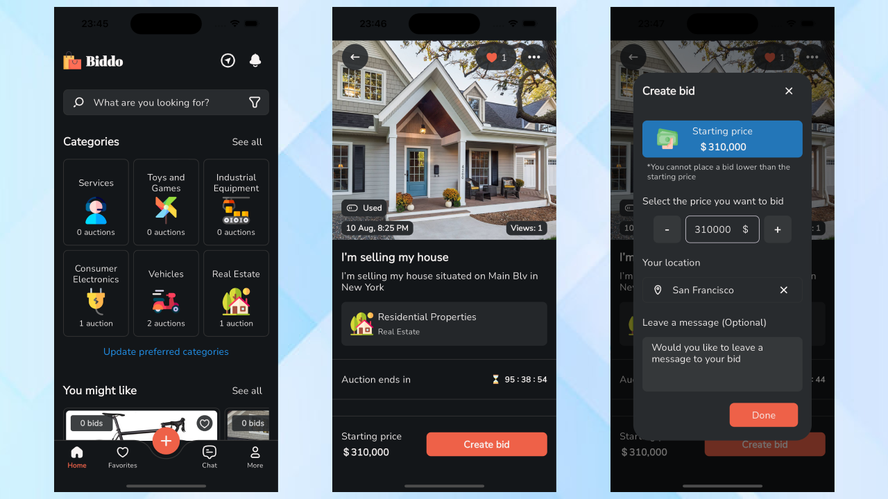 Biddo - Full Flutter auction app, NextJS web app, NodeJS server (with ...