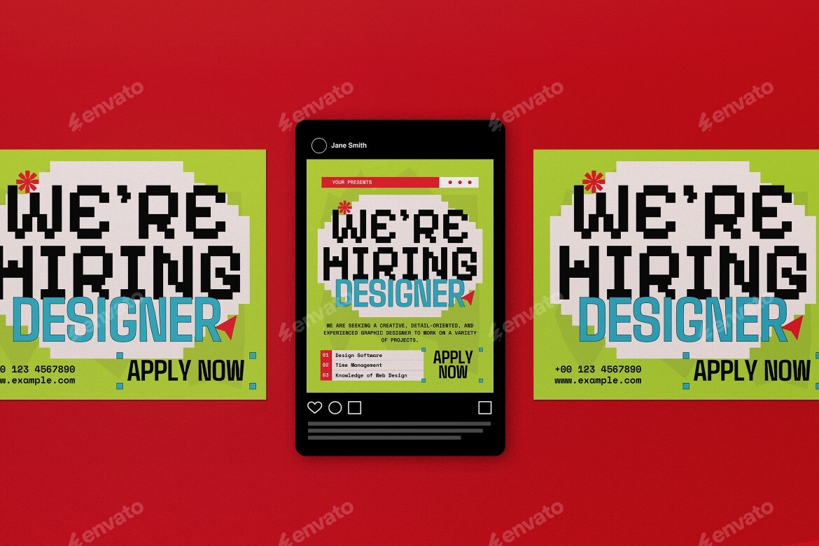 Yellow Pixelated We're Hiring Designer Flyer Set, Print Templates ...