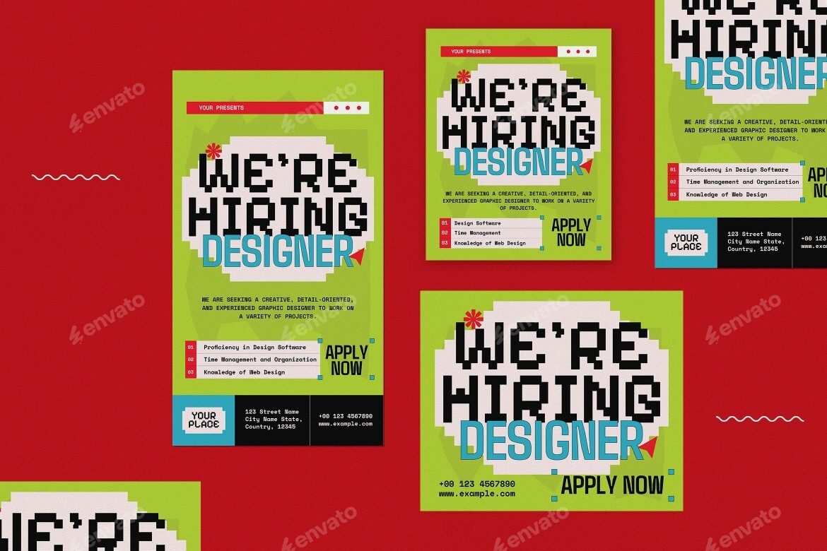 Yellow Pixelated We're Hiring Designer Flyer Set, Print Templates ...
