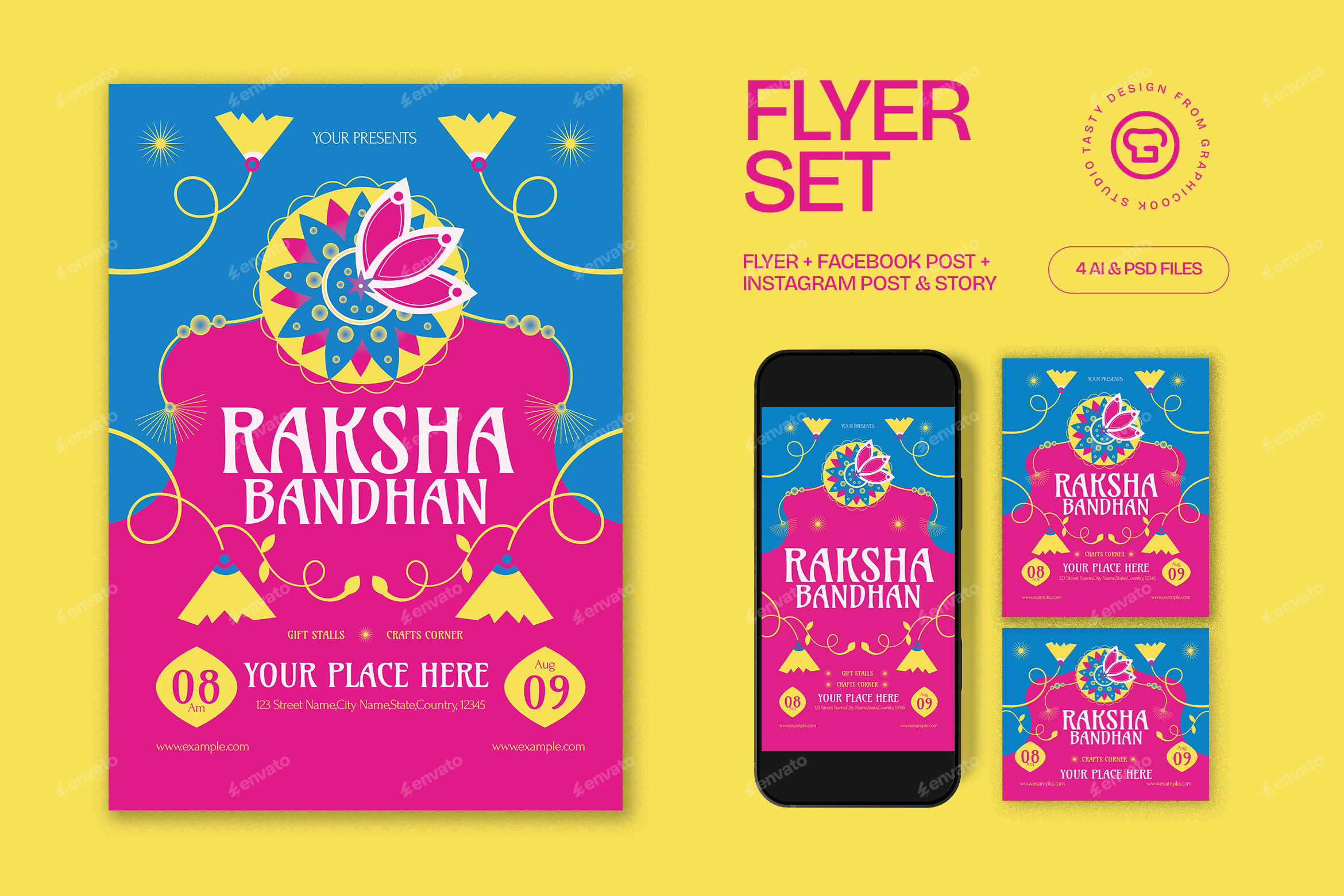 Pink Quirky Illustration Raksha Bandhan Flyer Set, Print Templates