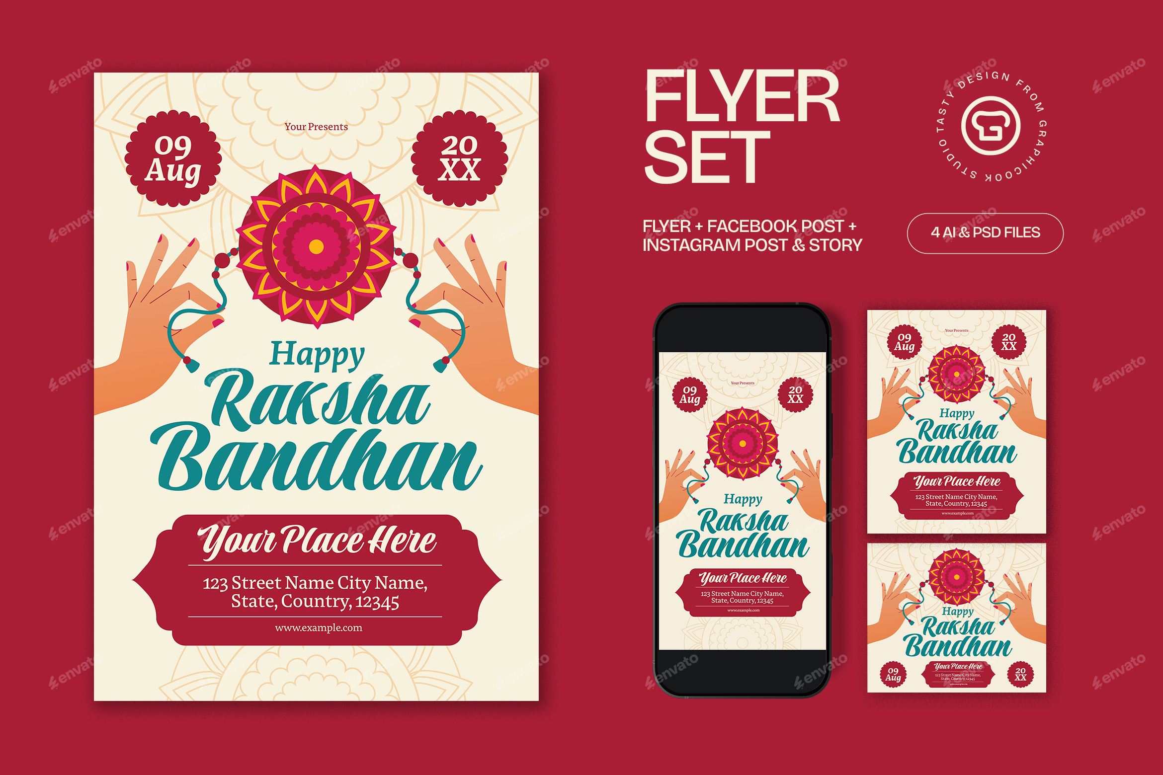 Cream Quirky Illustration Raksha Bandhan Flyer Set, Print Templates