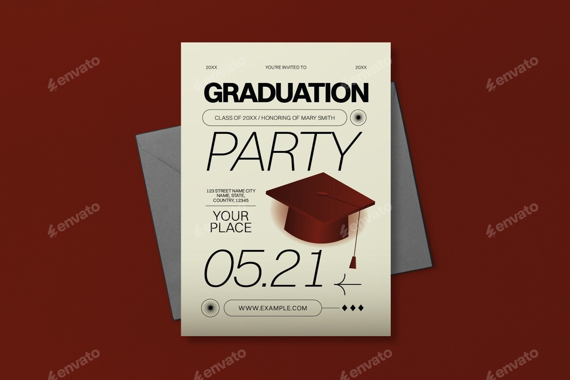 Beige Bold Minimalism Graduation Party Invitation, Print Templates