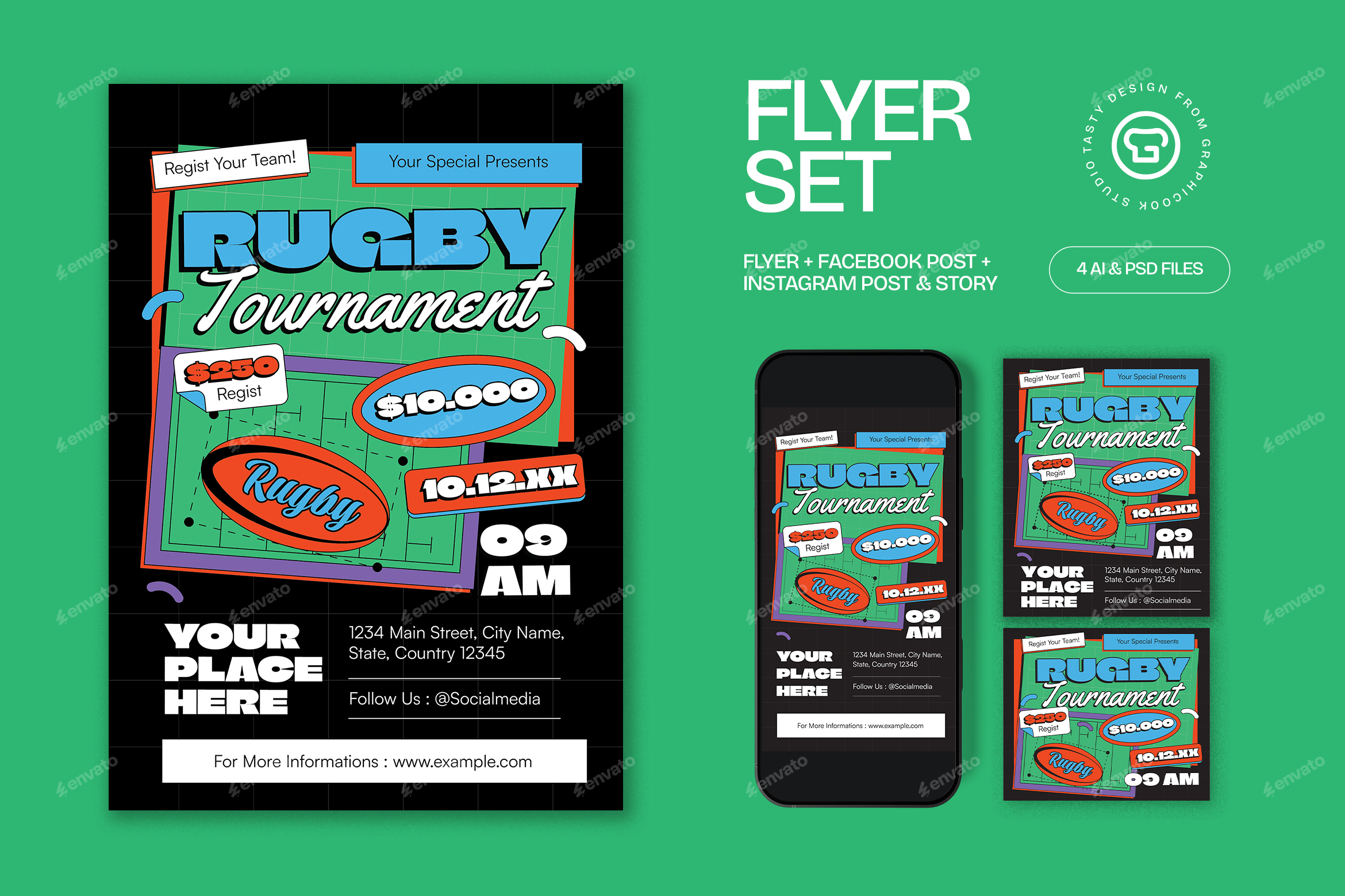 Black Scrapbooking Rugby Tournament Flyer Set, Print Templates ...