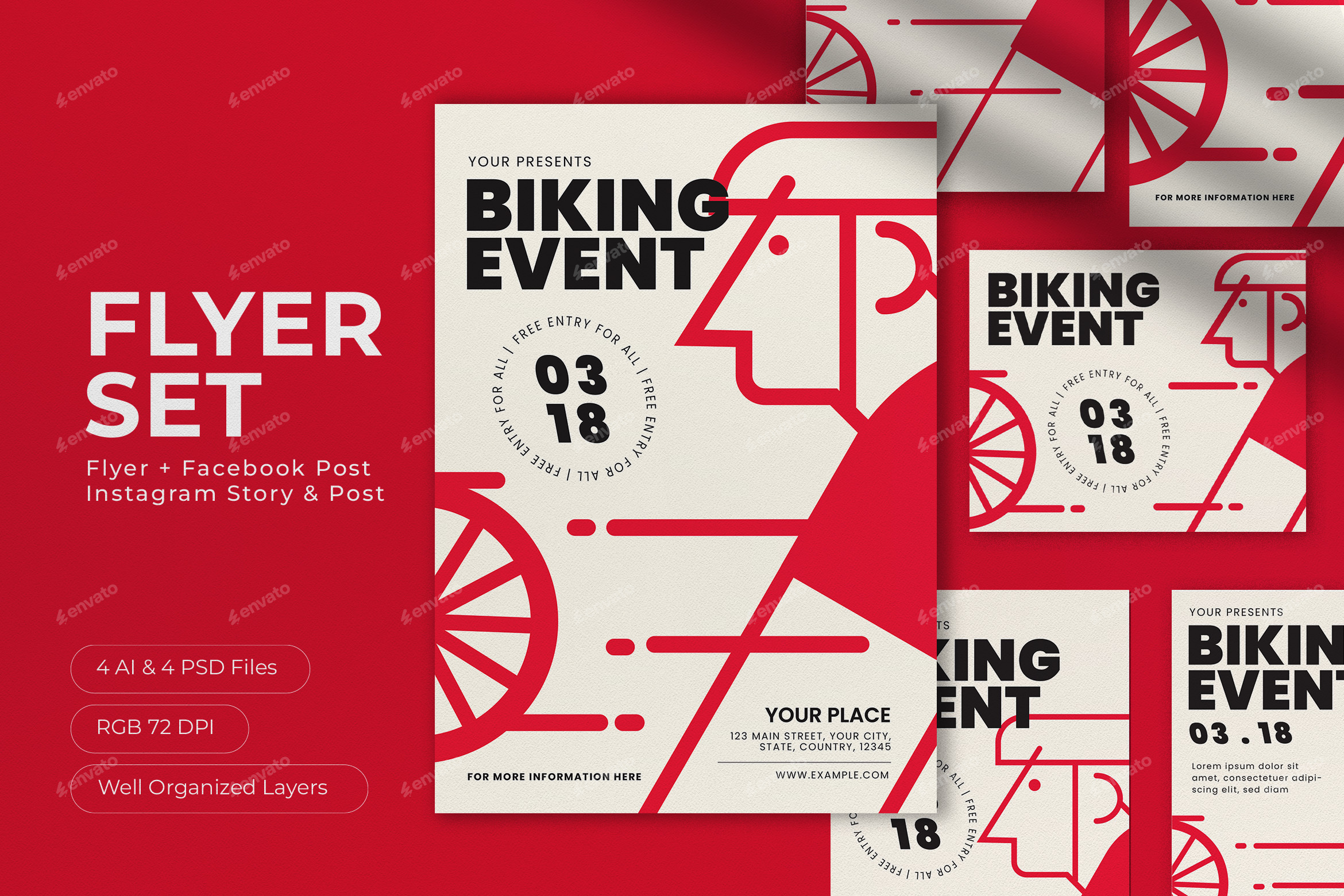 Red Minimalist Illustration Biking Event Flyer Set, Print Templates