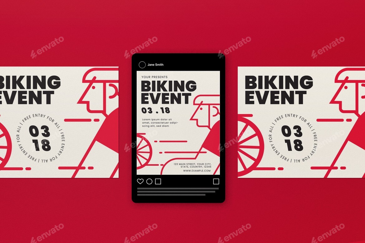 Red Minimalist Illustration Biking Event Flyer Set, Print Templates