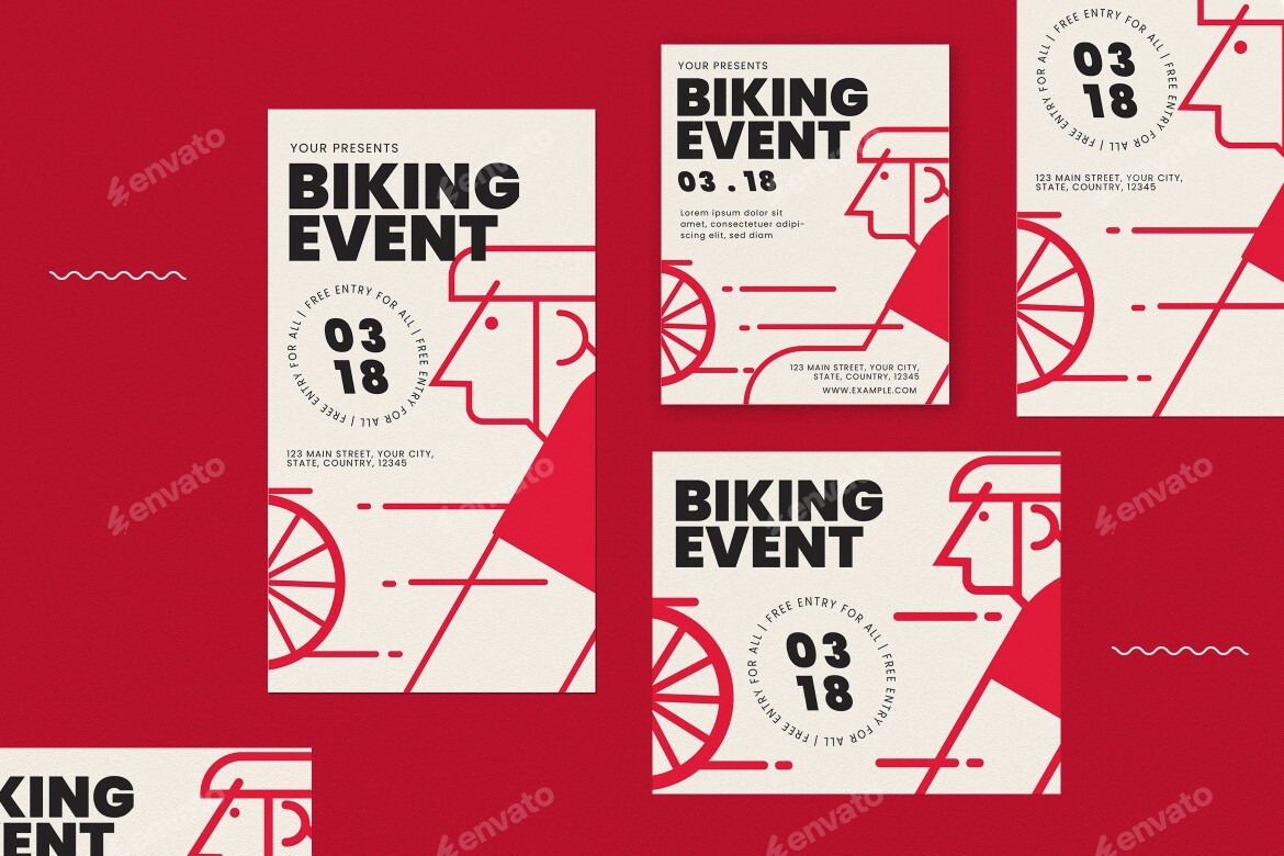 Red Minimalist Illustration Biking Event Flyer Set, Print Templates