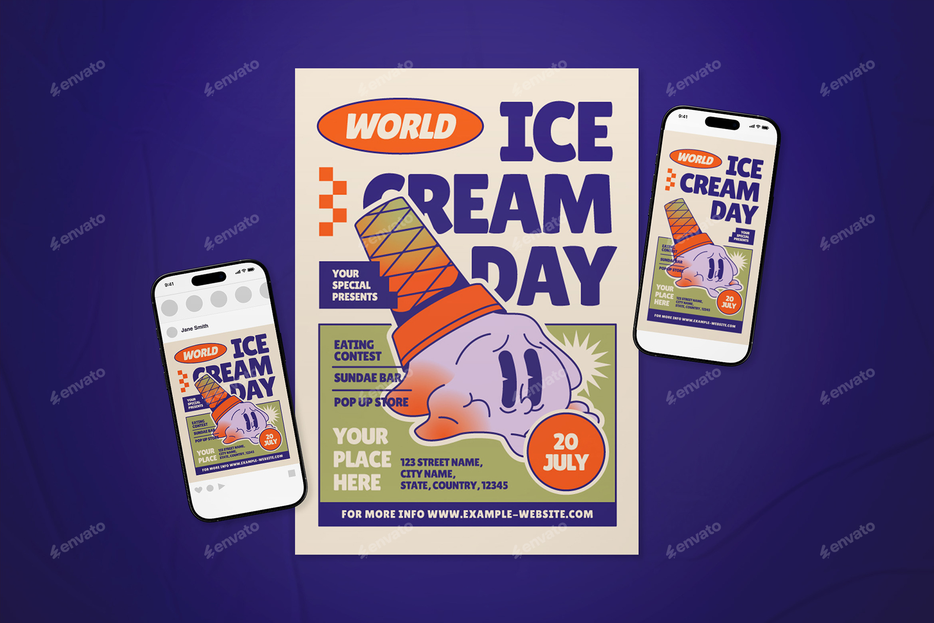 Orange Retro International Ice Cream Day Flyer Set, Print Templates
