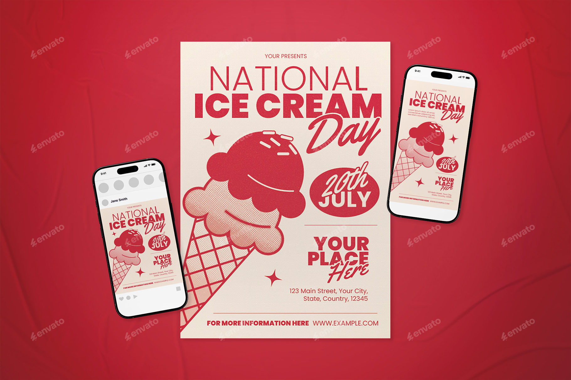 Red Beige Retro Illustration National Ice Cream Day Flyer Set, Print ...