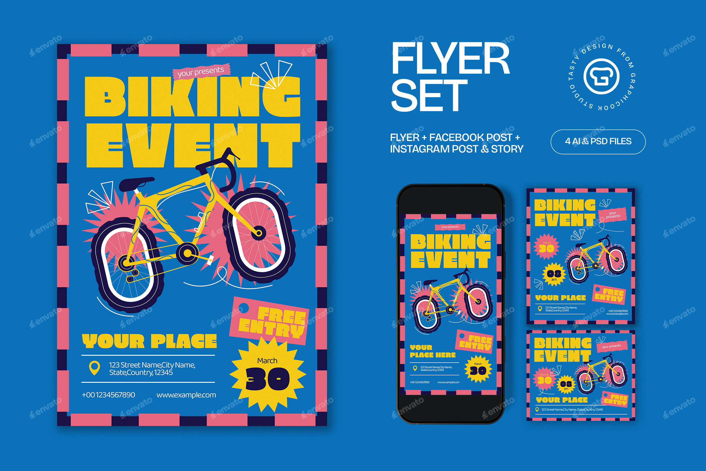 Blue Quirky Illustration Biking Event Flyer Set, Print Templates ...