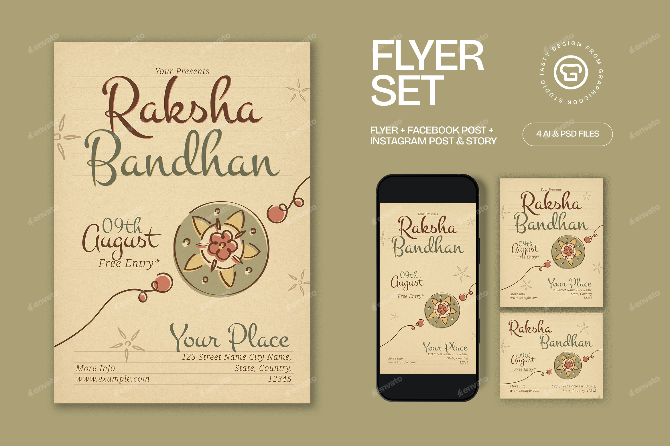 Brown Quirky Illustration Raksha Bandhan Flyer Set, Print Templates
