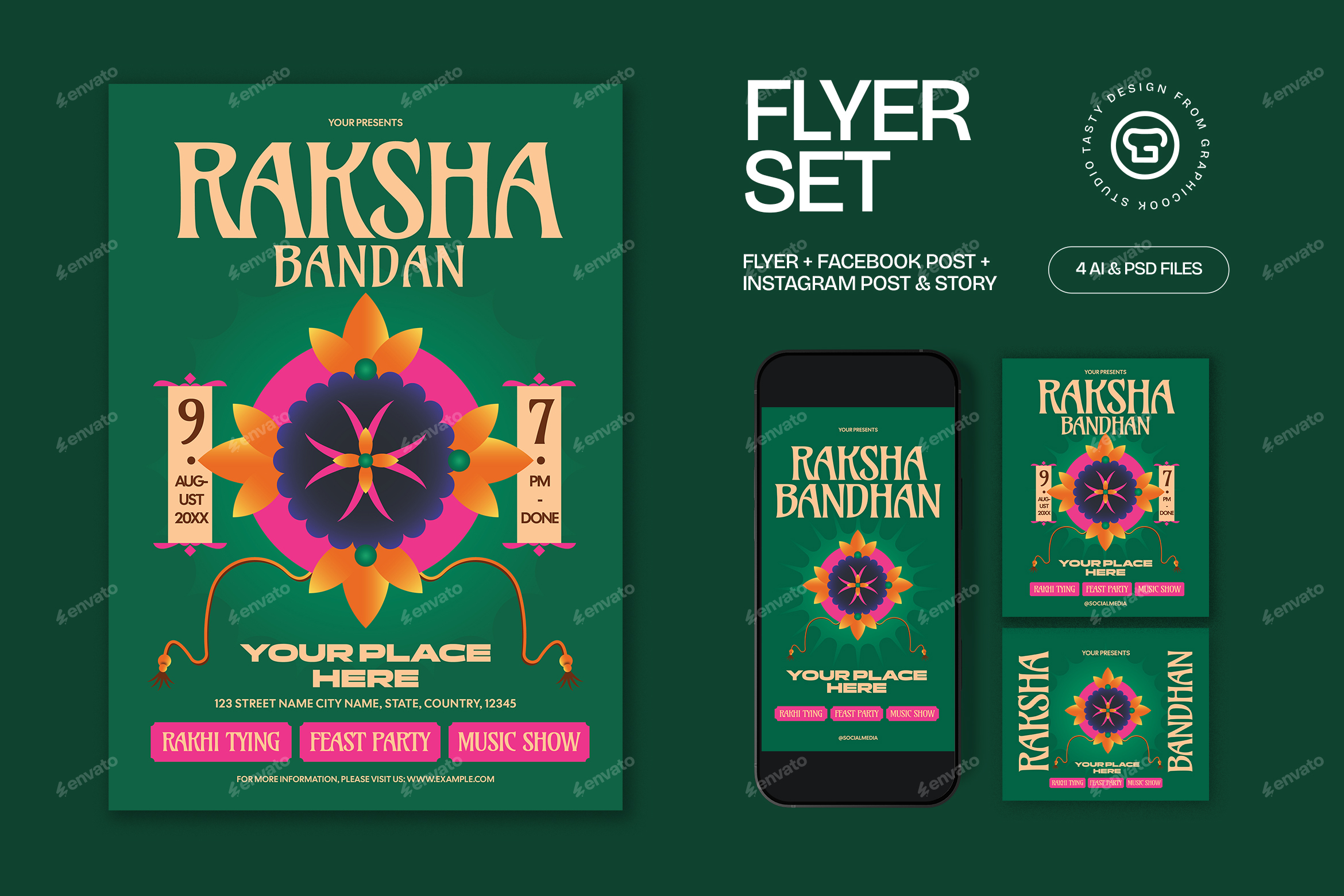 Green Quirky Illustration Raksha Bandhan Flyer Set, Print Templates