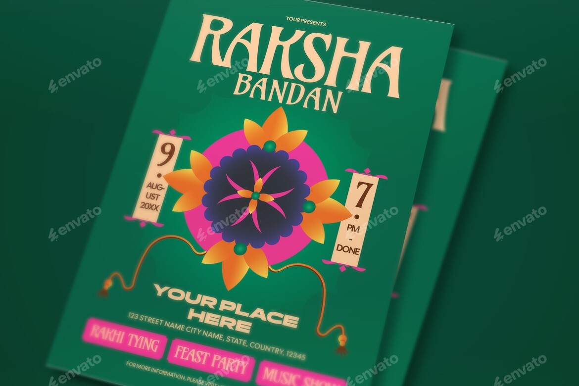 Green Quirky Illustration Raksha Bandhan Flyer Set, Print Templates