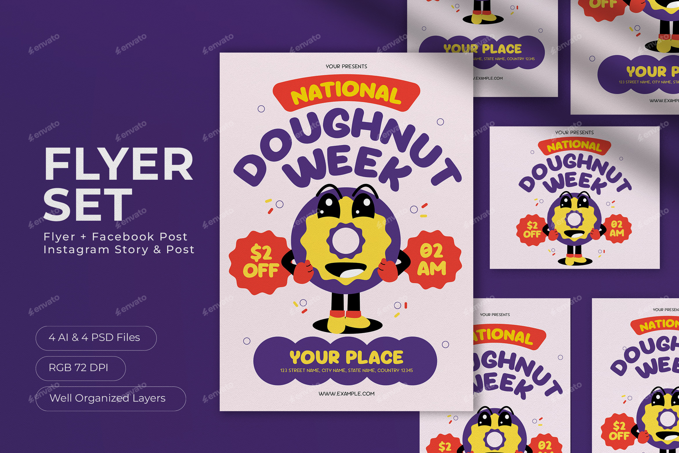 Purple Flat Design Doughnut Week Day Flyer Set, Print Templates ...